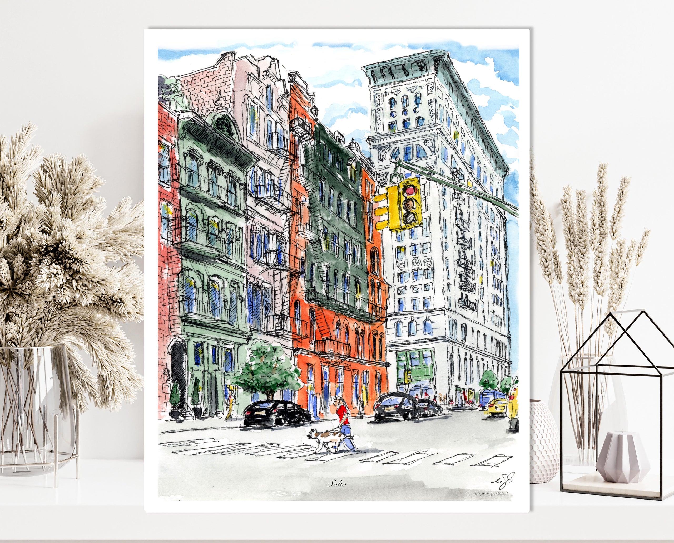 Soho, Soho and Doggie ,physical print, New york, Manhattan , watercolor ...