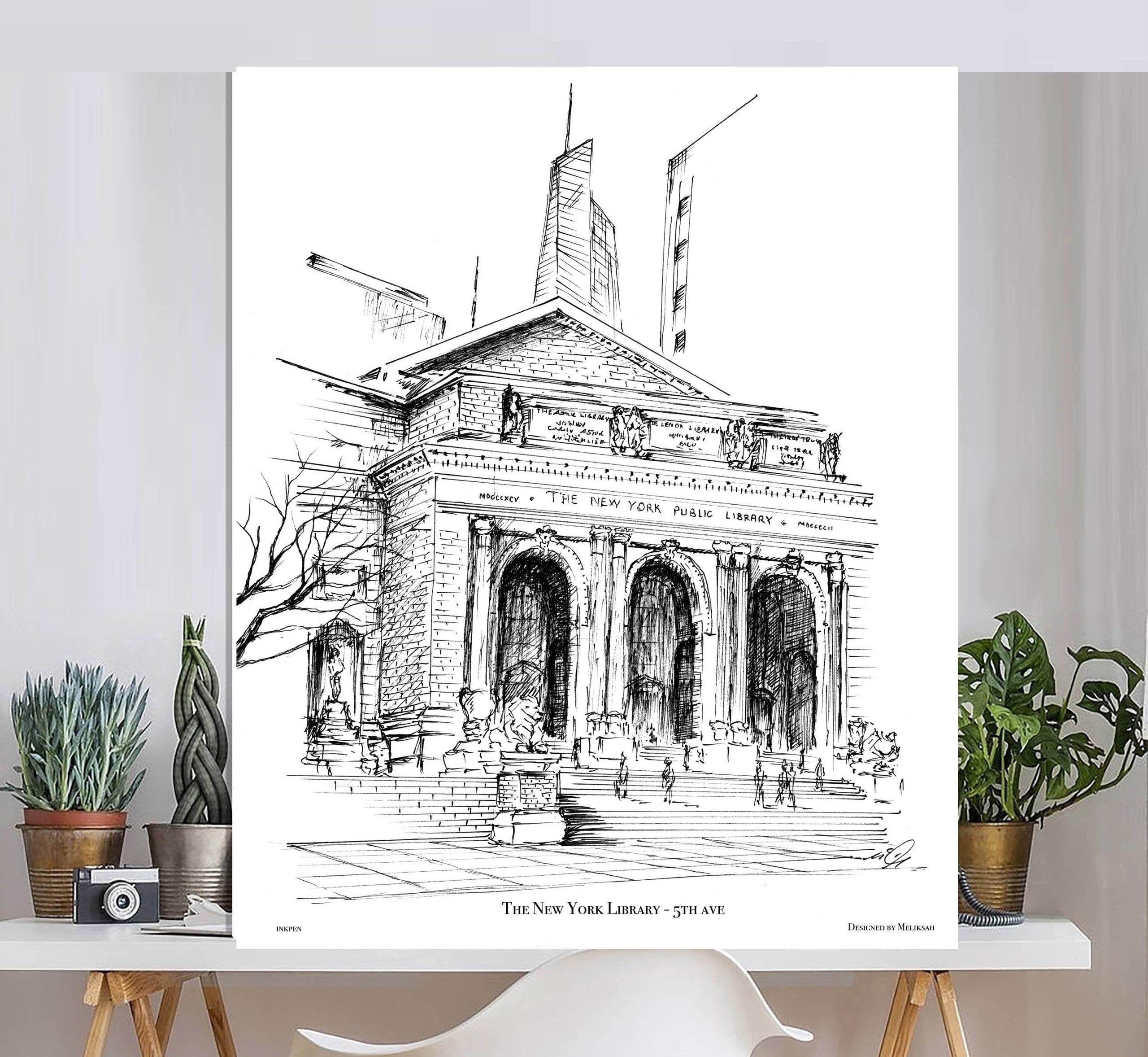 New York Public Library, New York City Art, Black and White ink pen art ...